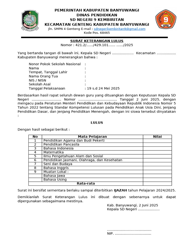 Surat Keterangan Lulus SD Banyuwangi | PDF