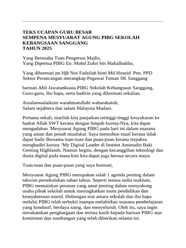 Ucapan Guru Besar PIBG SK Sanggang 2025 | PDF