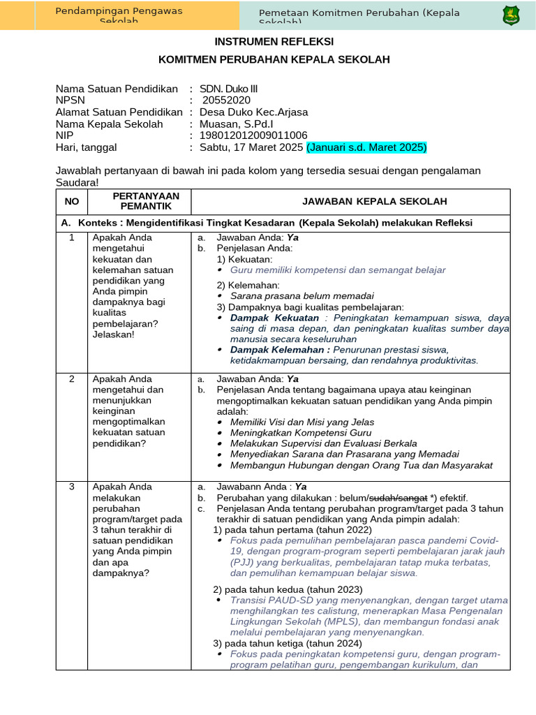 Instrumen Refleksi Komitmen Perubahan SDN Duko III | PDF
