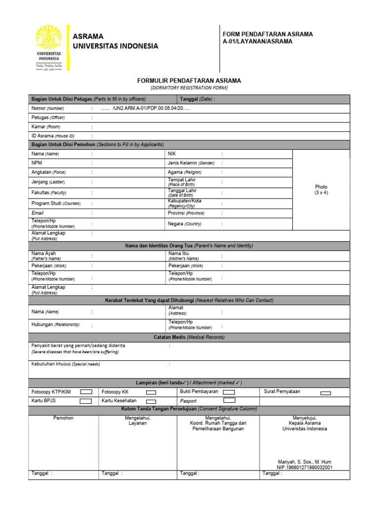A1 - Formulir Pendaftaran Penghun | PDF