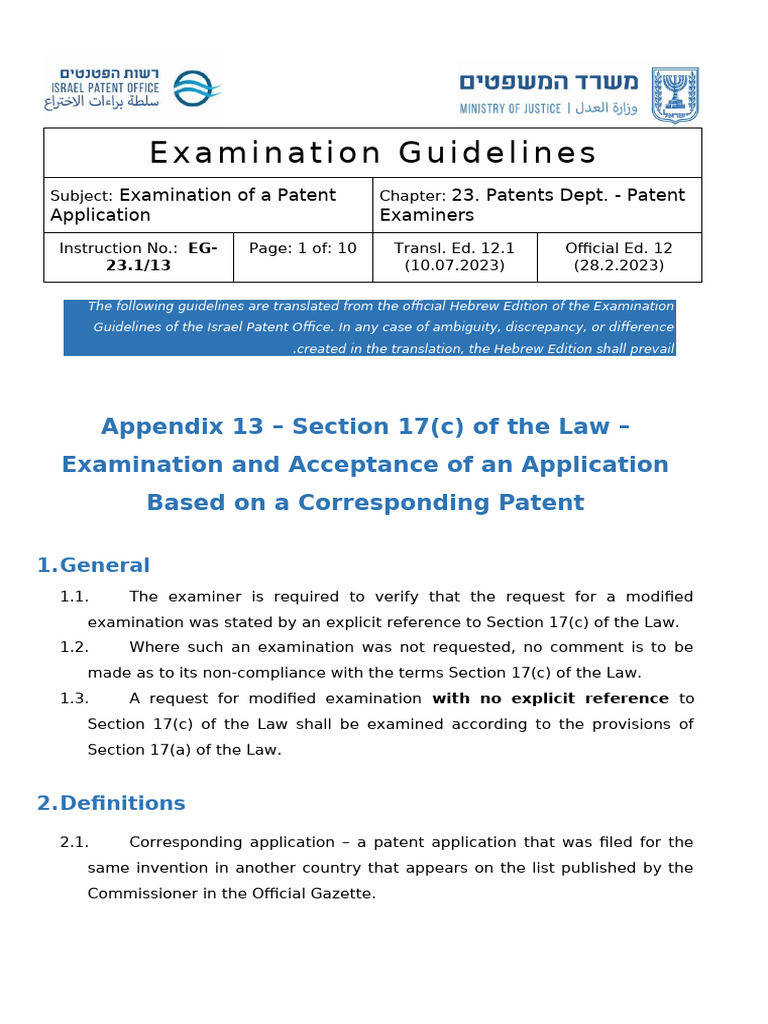 Patents - Patents - Department - Instructions - Appx 13 - Section 17 (C) - Modified Examination ...