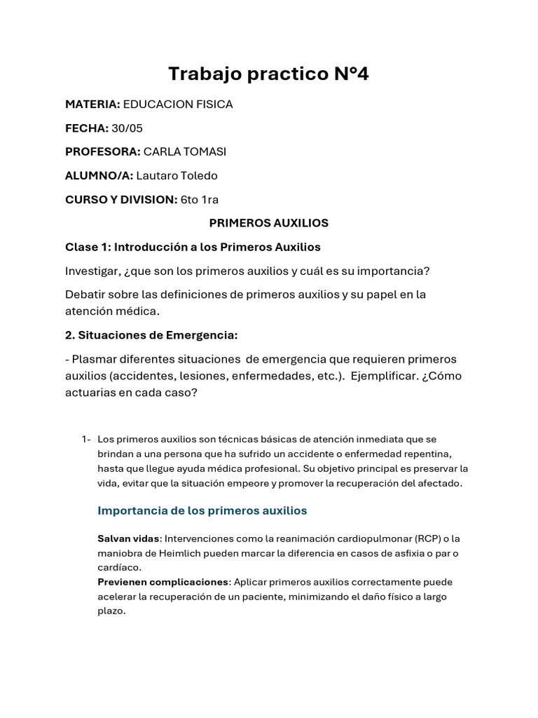 TP n4 - Primeros Auxilios - Hecho | PDF | Primeros auxilios | Reanimación cardiopulmonar