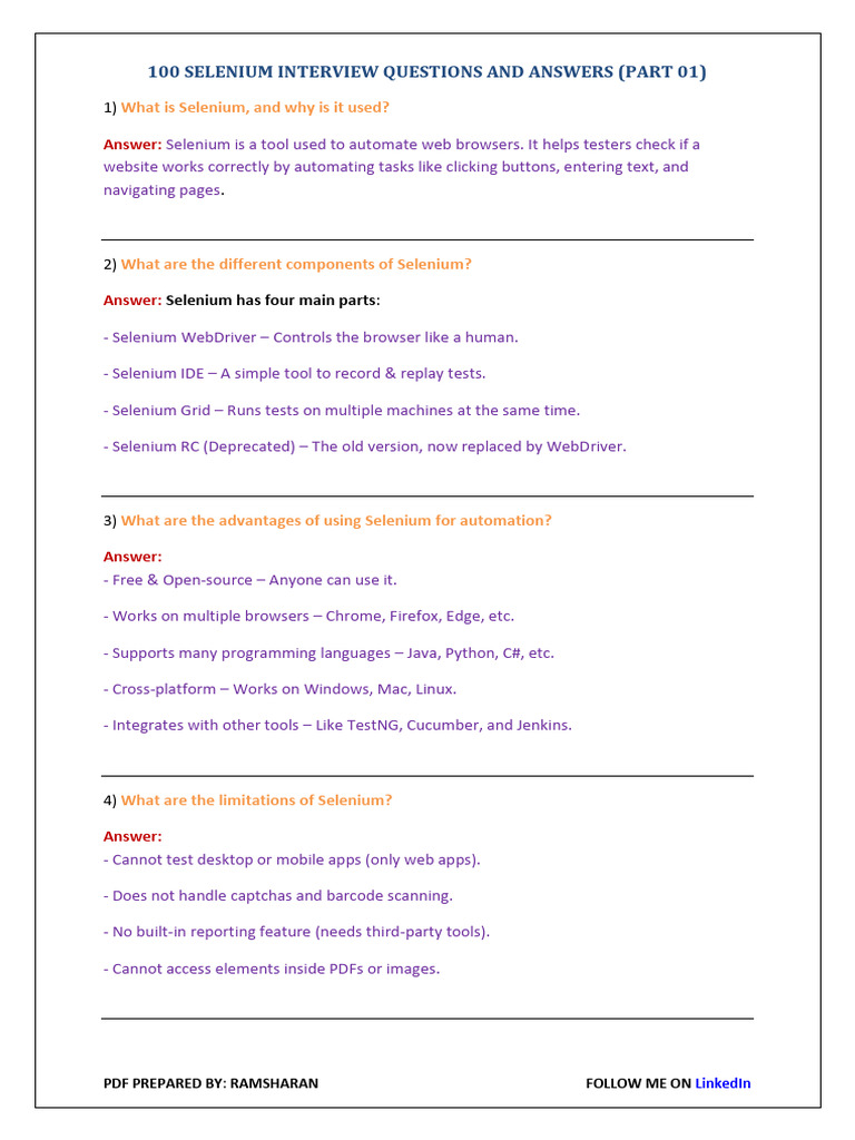 100 Selenium Interview Questions And Answers Part 01 Pdf Selenium Software Software