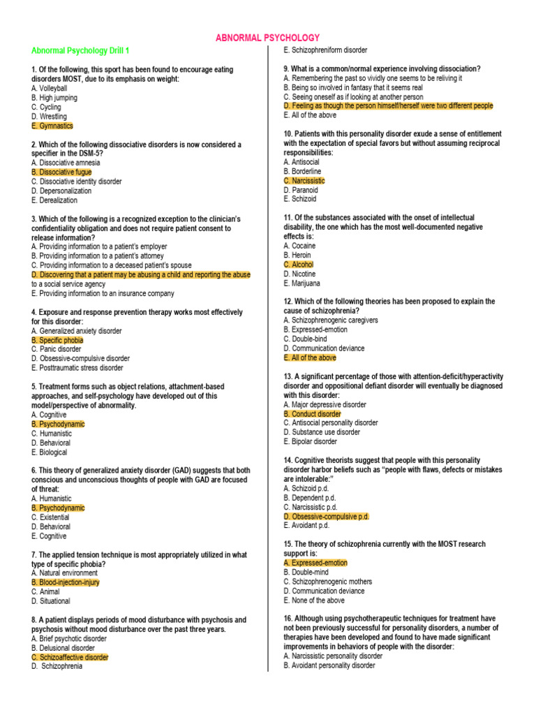 Abnormal Psychology Drill 1 | PDF | Mental Disorder | Personality Disorder