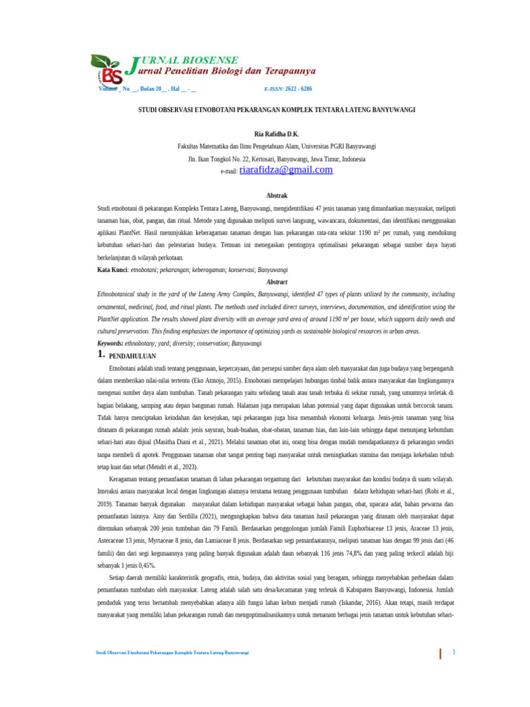 Jurnal Biosense Etnobotani Pekarangan Rumah | PDF