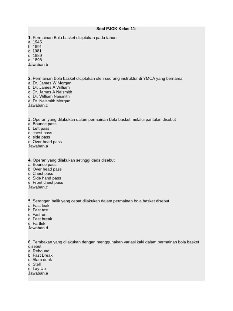 Soal PJOK Kelas 11 Semester 1 | PDF