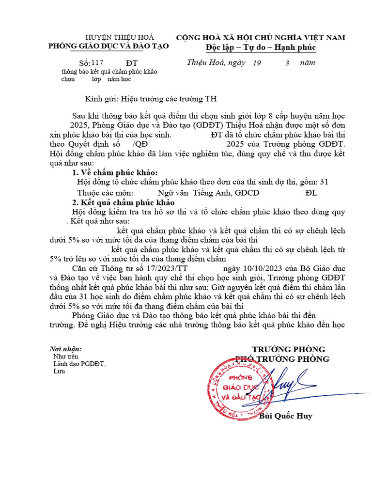 CV 117 Thong Bao KQ Cham Phuc Khao Thi Thi Chon HSG Lop 8 Nam Hoc 2024 ...