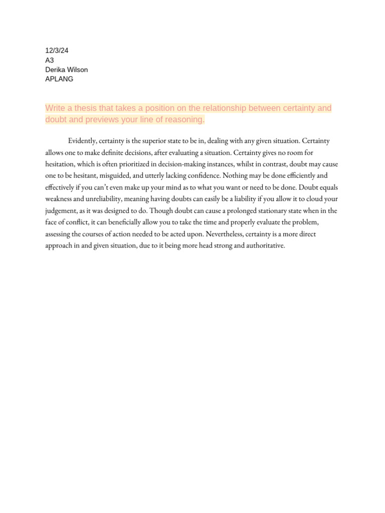 Certainty and Doubt Assignment | PDF