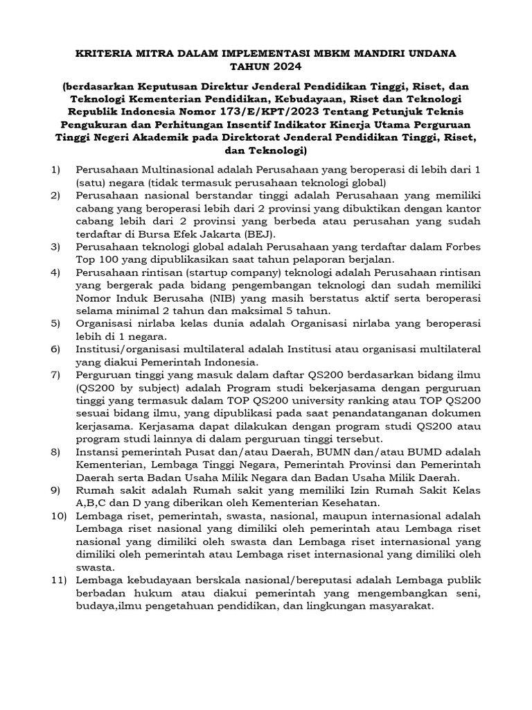 Kriteria Mitra Dalam Implementasi MBKM Mandiri Undana | PDF