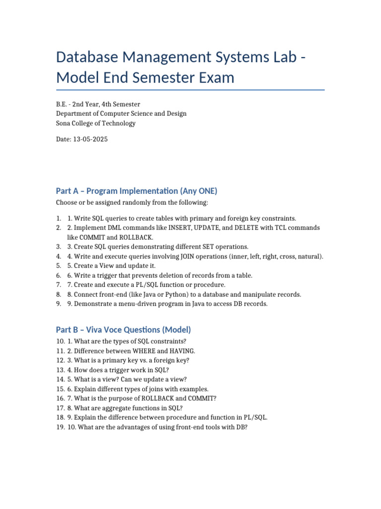 DBMS Lab Model Question Paper | PDF