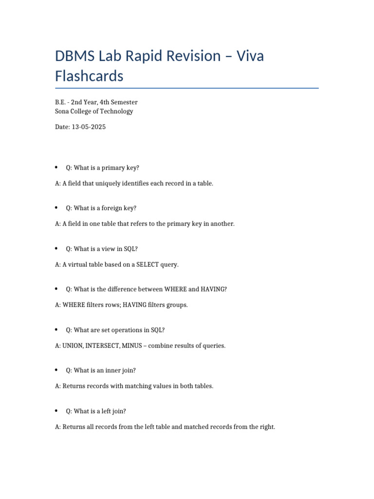 DBMS Lab Viva Flashcards | PDF