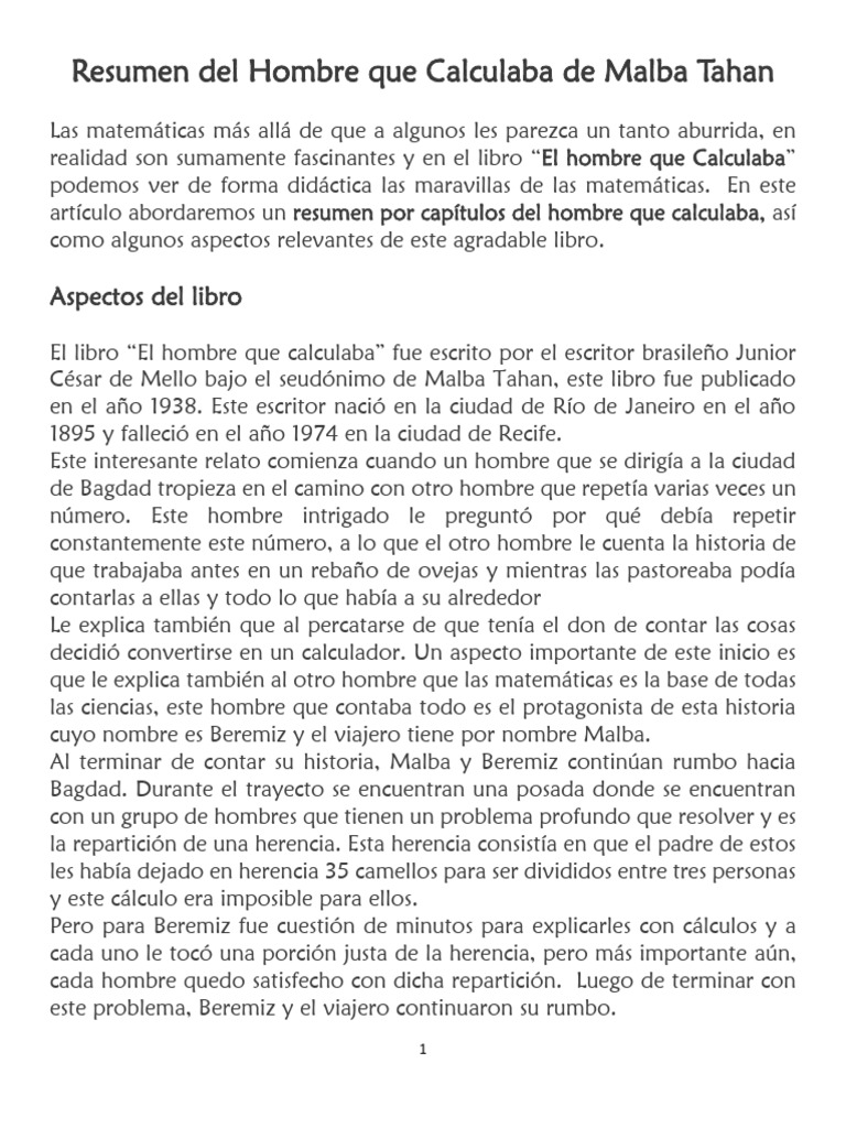 Resumen de "El Hombre que Calculaba" | PDF | Matemáticas