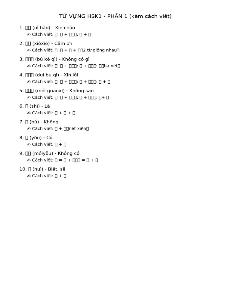 HSK1 Tu Vung Phan1 LuyenViet | PDF