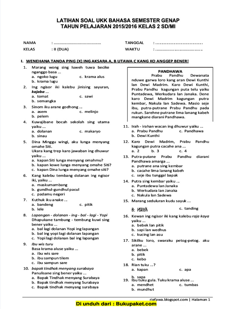 PDF Soal Ukk Bahasa Jawa Kelas 2 SD Dan Mi Compress | PDF