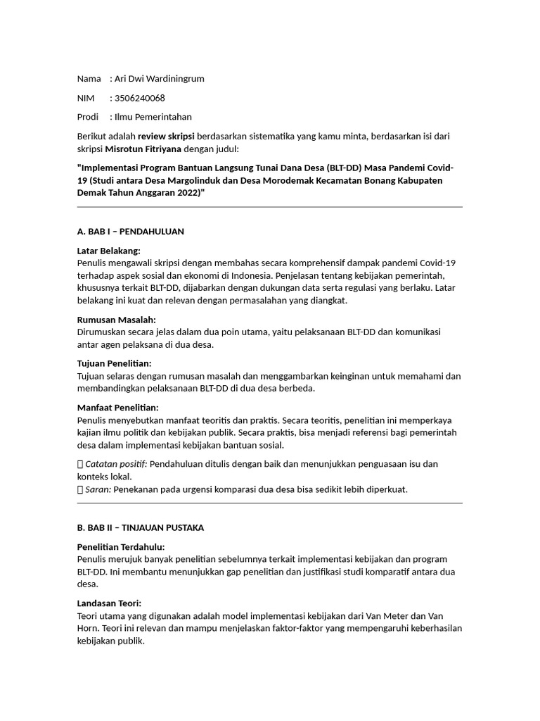 Implementasi Program Bantuan Langsung Tunai Dana Desa (BLT-DD) Masa ...