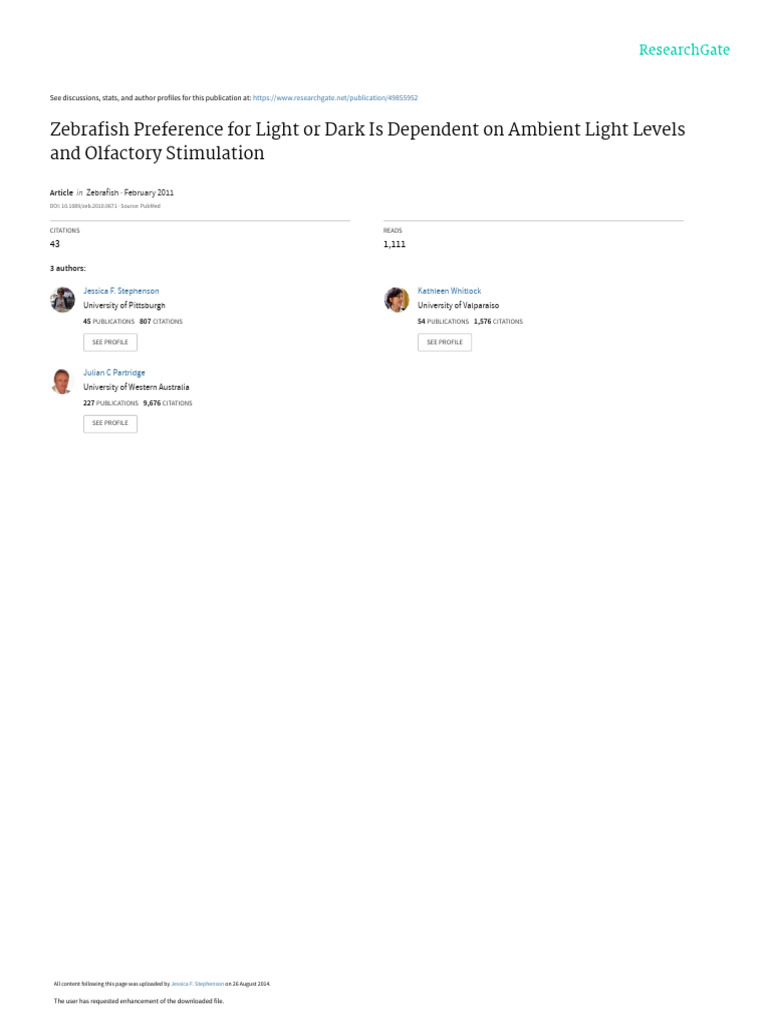 Stephenson 2011 Zebra Fish Preference For Light or | PDF ...
