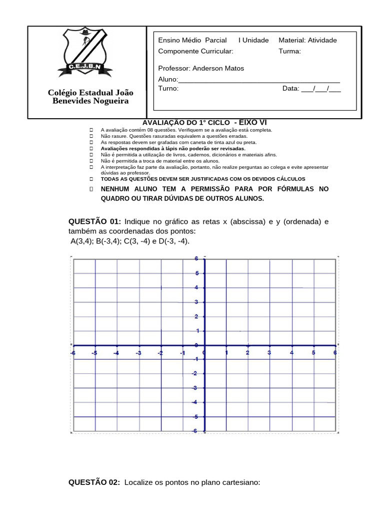 Avaliação de Matemática: Eixo VI | PDF | Sistema de coordenada cartesiana