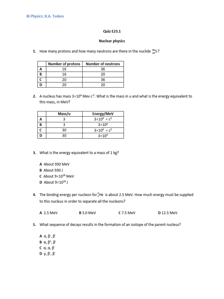 Quiz E23.1 Nuclear Physics | PDF | Neutron | Radioactivity
