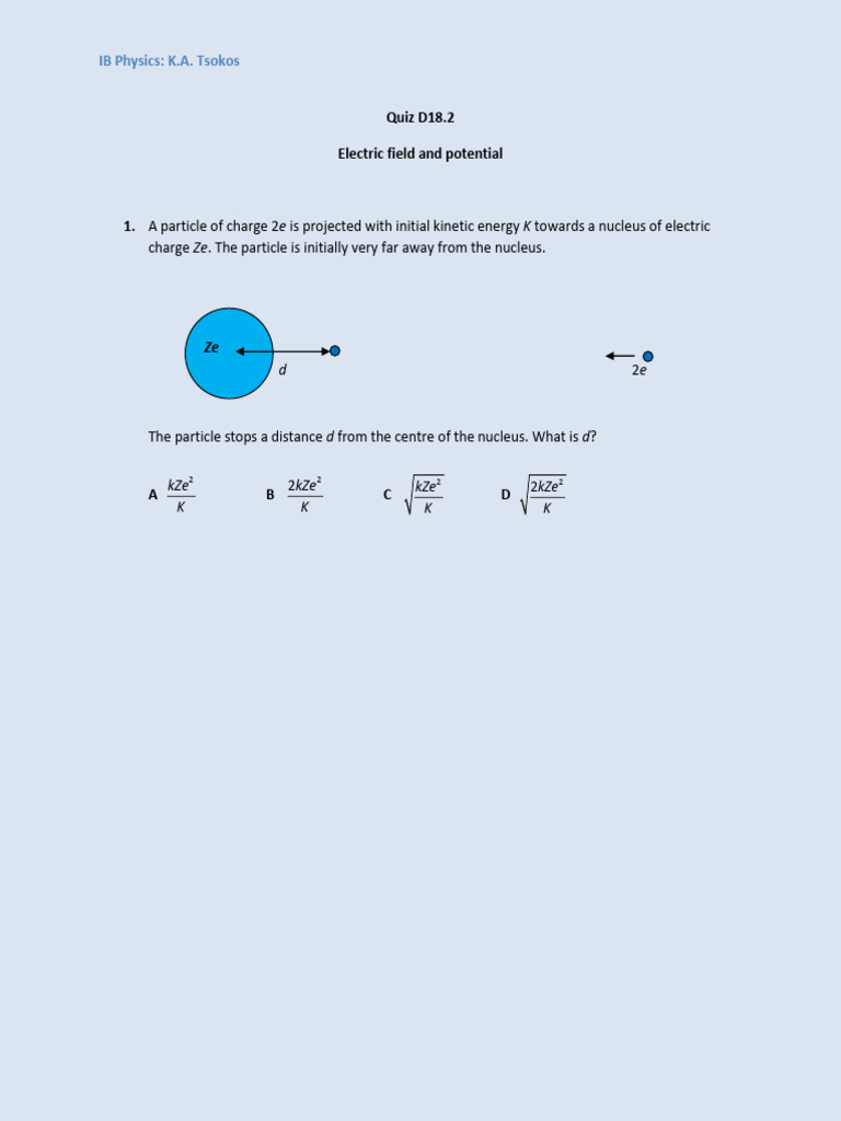 Quiz D18.2 Electric Field and Potential HL | PDF | Electron | Electronvolt
