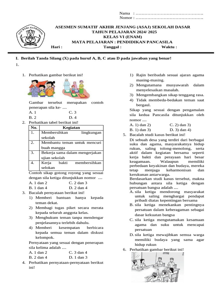 Soal Asaj Kelas 6-Pendidikan Pancasila | PDF