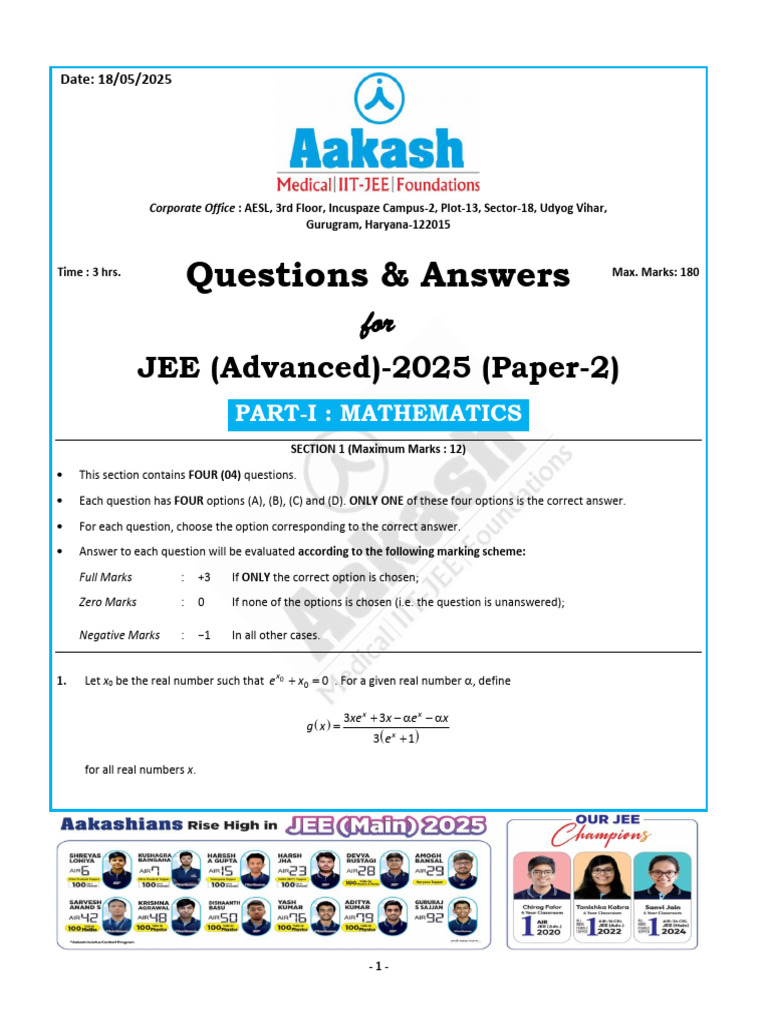 Ques and Ans JEE Advanced 2025 Paper 2 | PDF | Trigonometric Functions | Differential Geometry