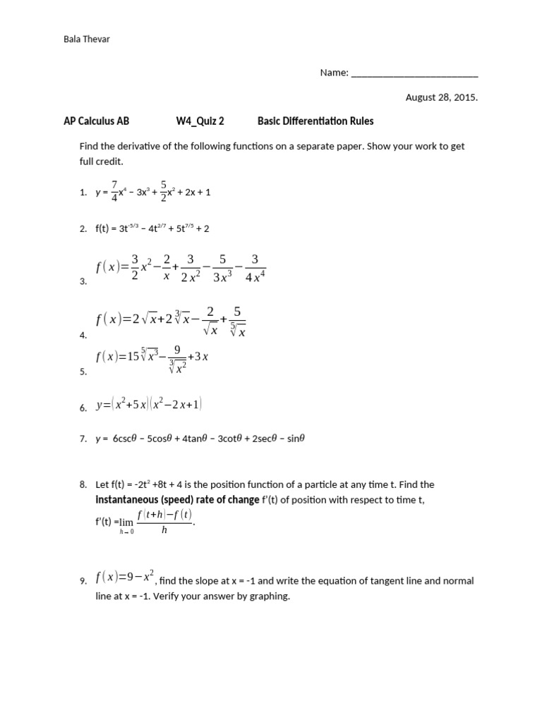 Basic Derivative Quiz 4 - 2 | PDF