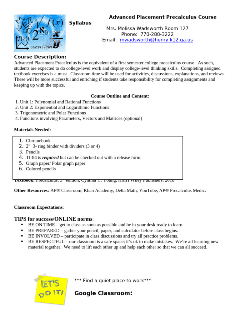 AP Precalculus Syllabus 23 - 24 OHS | PDF | Advanced Placement ...