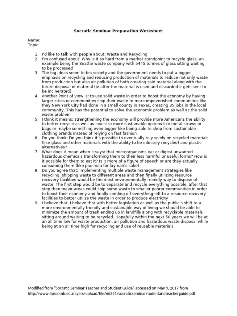 Socratic Seminar Preparation Worksheet 5.9.17 | PDF | Waste | Recycling