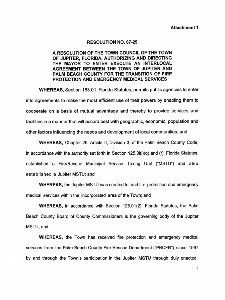 Resolution 67.25 ILA TOJ - PBC Transition of Fire Rescue Services (Ltr05.22.25 Attachment 1) 1 | PDF