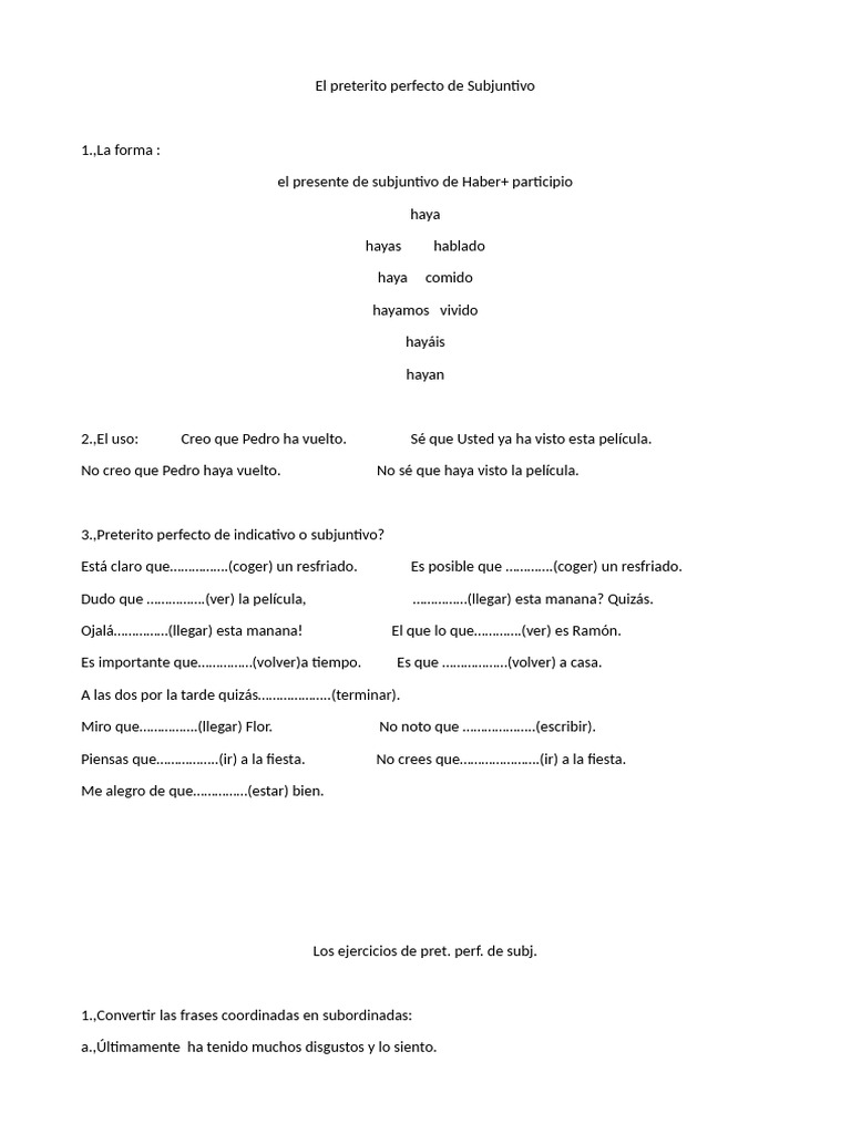 Uso y formación del pretérito perfecto subjuntivo | PDF