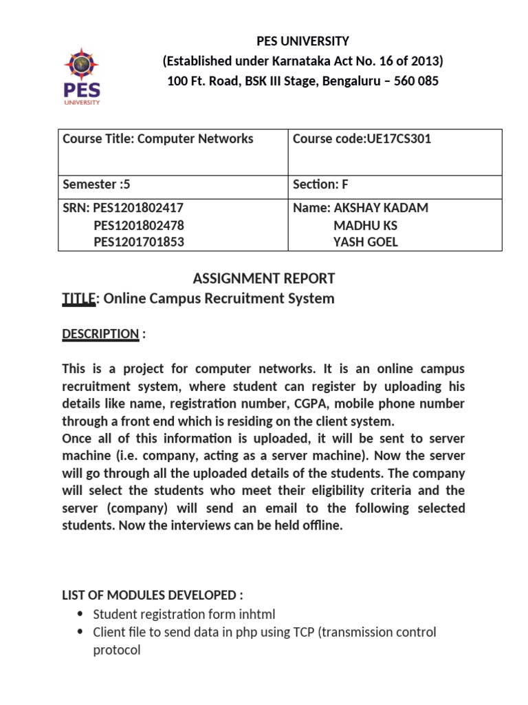 Online Campus Recruitment System Project | PDF | Network Socket ...