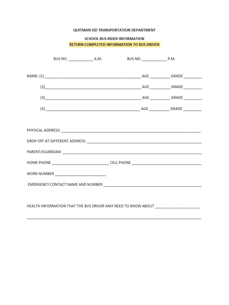 Quitman ISD Bus Rider Info Form | PDF