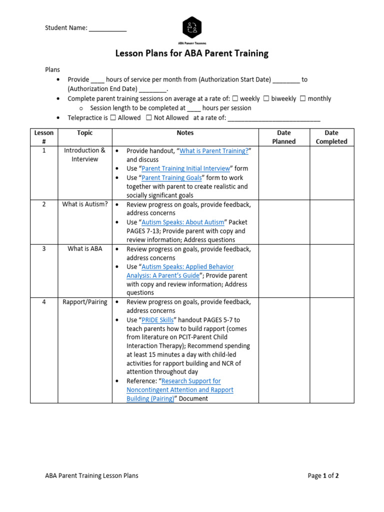 ABA Parent Training Lesson Plans | PDF | Autism | Communication