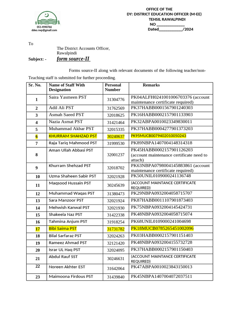(Master File) Accounts Office Forwarding IBAN (Markaz Chakri) | PDF