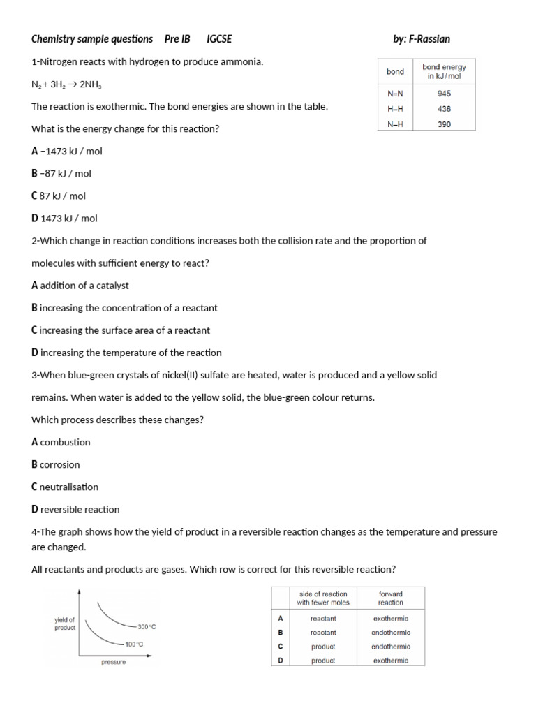 PRE IB IGCSE Chemistry Sample Questions Pre IB IGCSE By-2 | PDF | Chemical Reactions | Acid
