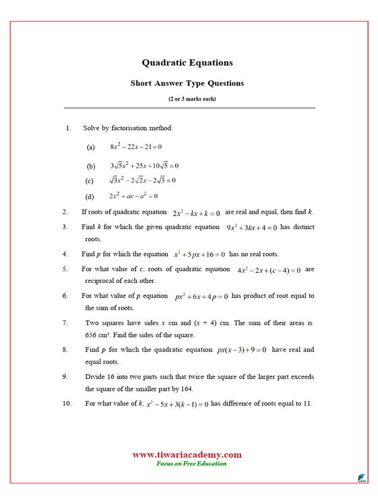 Quadratic Equations Short Answer 2marks Assignment 1 | PDF