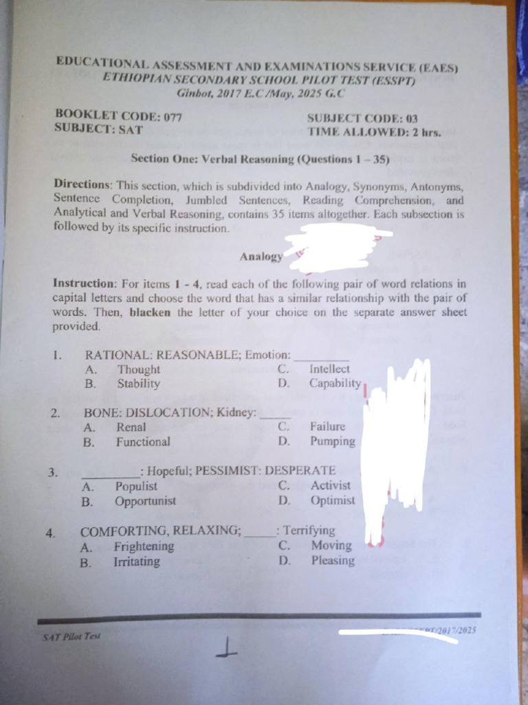 SAT Pilot Exam @brightacademy9 - 12 | PDF | Evidence | Reason