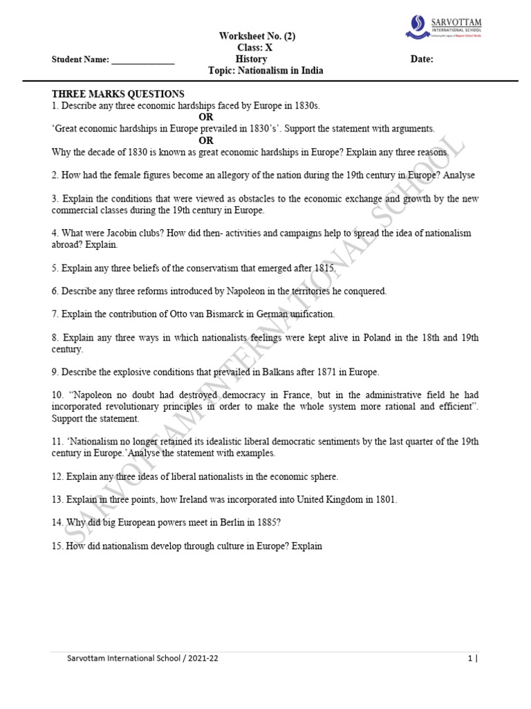 Worksheet History Class 10th | PDF