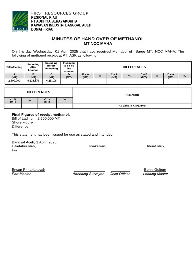 BAS Metanol MT Ginga Merlin | PDF | Shipping | Water Transport