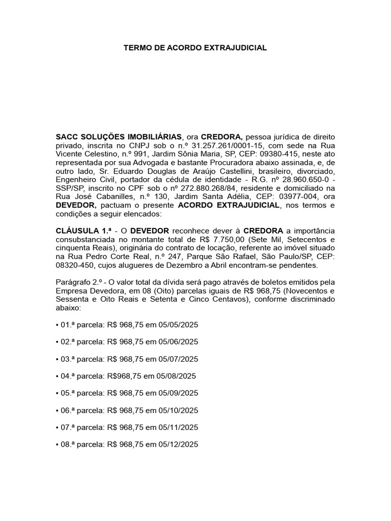 Termo de Acordo Extrajudicial Sacc X Eduardo Castellini Assinado ...