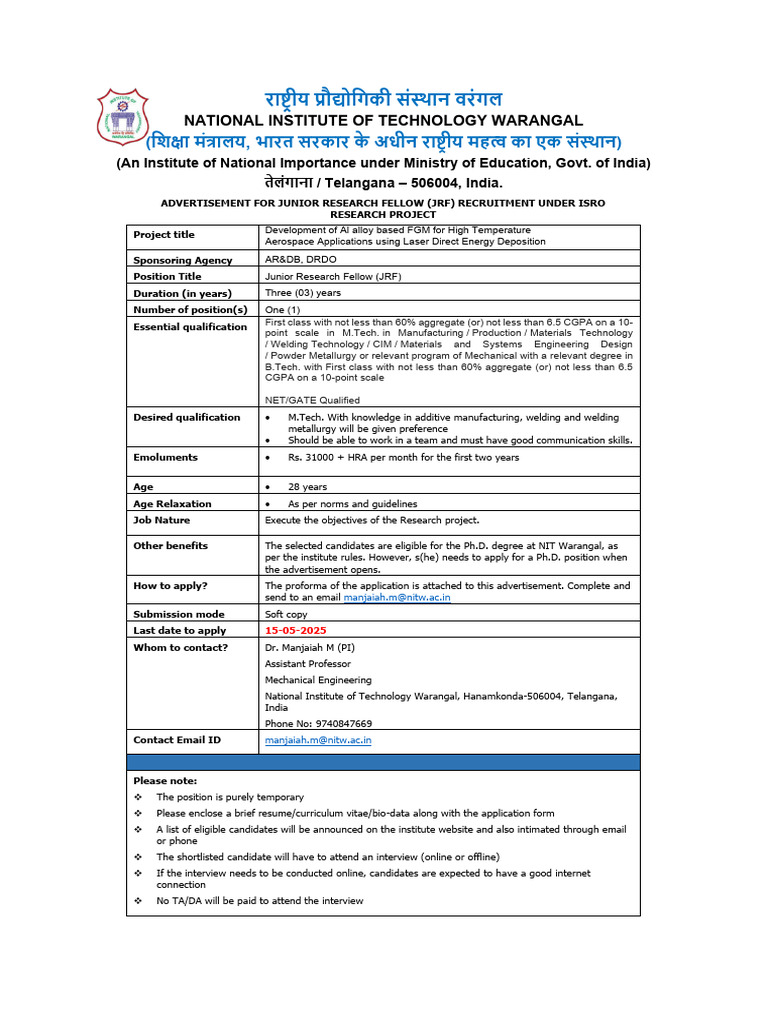 JRF Recruitment at NIT Warangal for ISRO Project | PDF