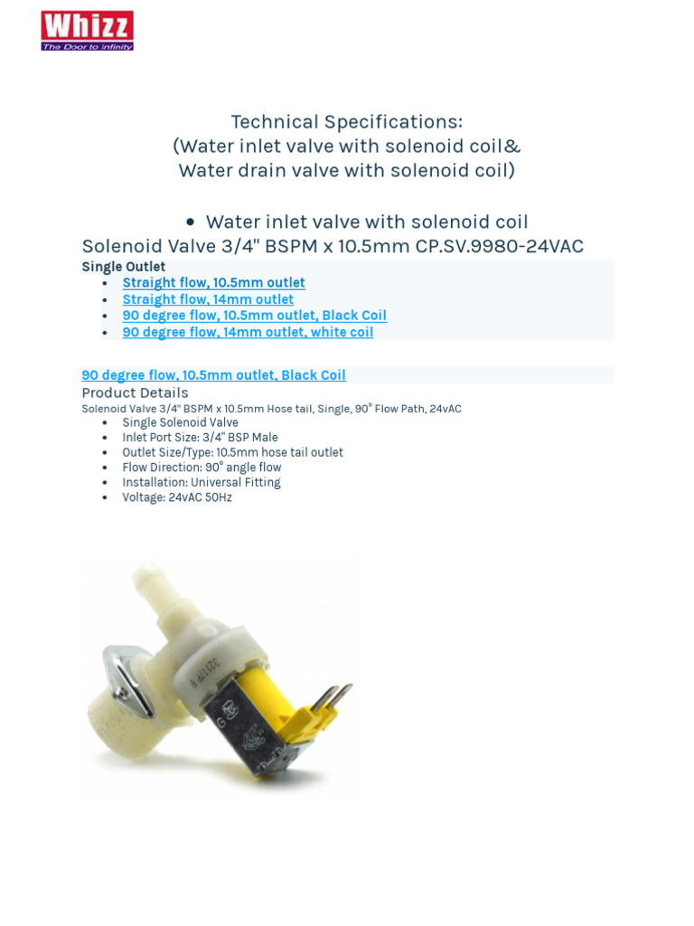 Solenoid Valve - Water Inlet-Outlet - Techinical Specifications - Whizz ...