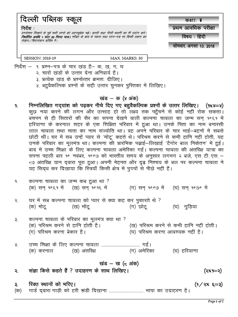 QP Hindi V 201819 Patna Pune and Ludhiana | PDF