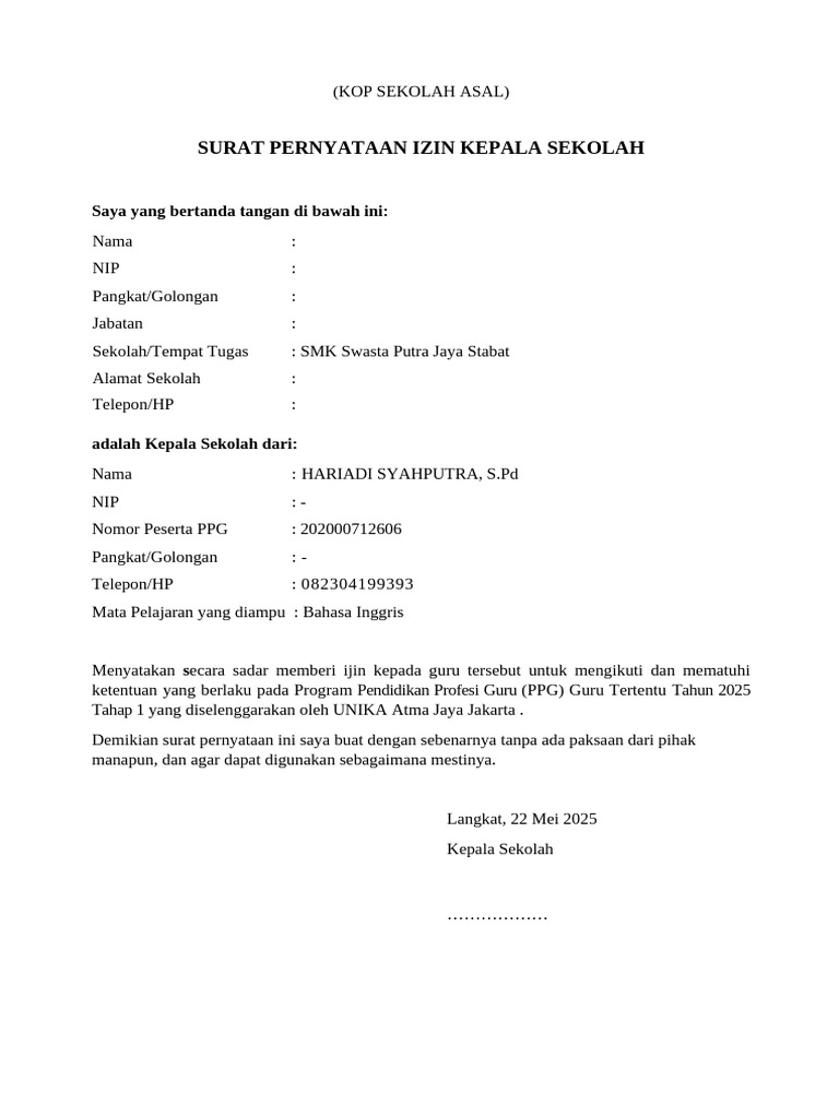 Format Surat Ijin Kepala Sekolah 1 | PDF