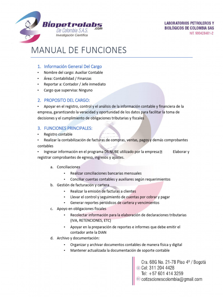 Manual de Funciones Auxiliar Contable. | PDF
