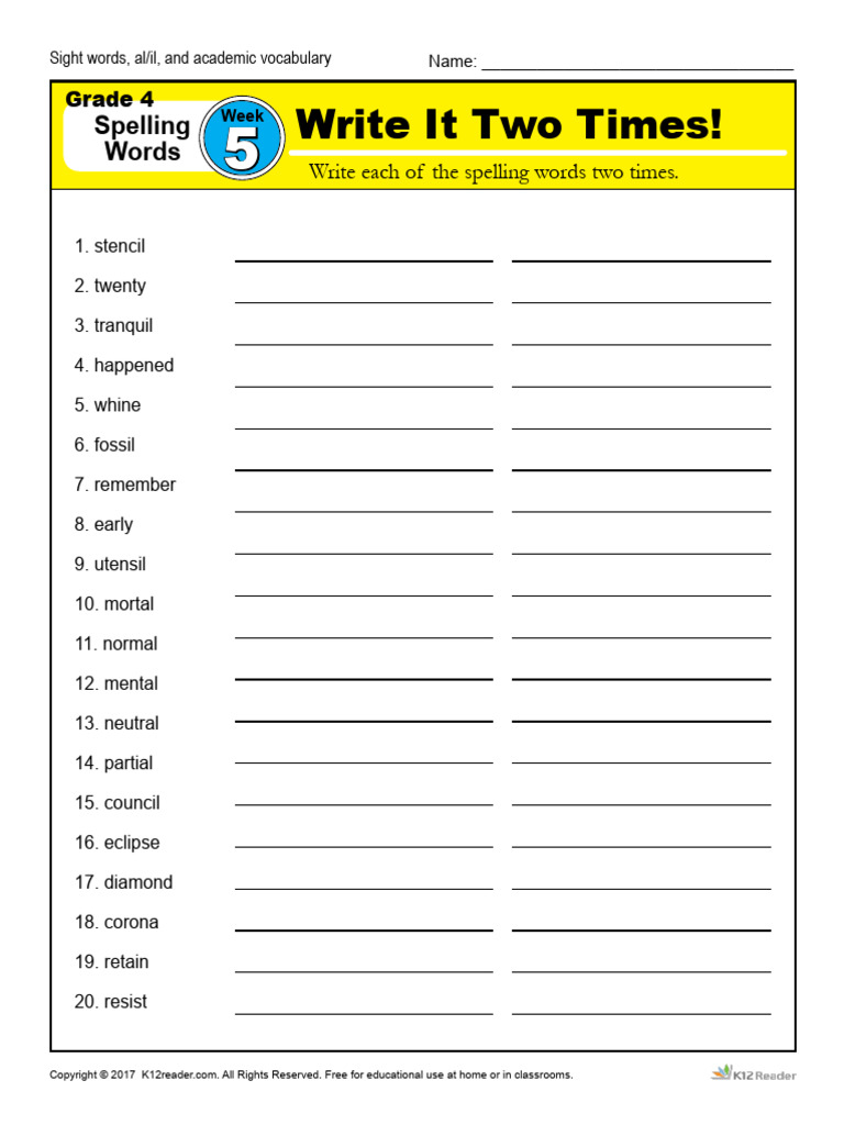 4th Grade Spelling Words Week 5 | PDF | Literacy | Lexicology