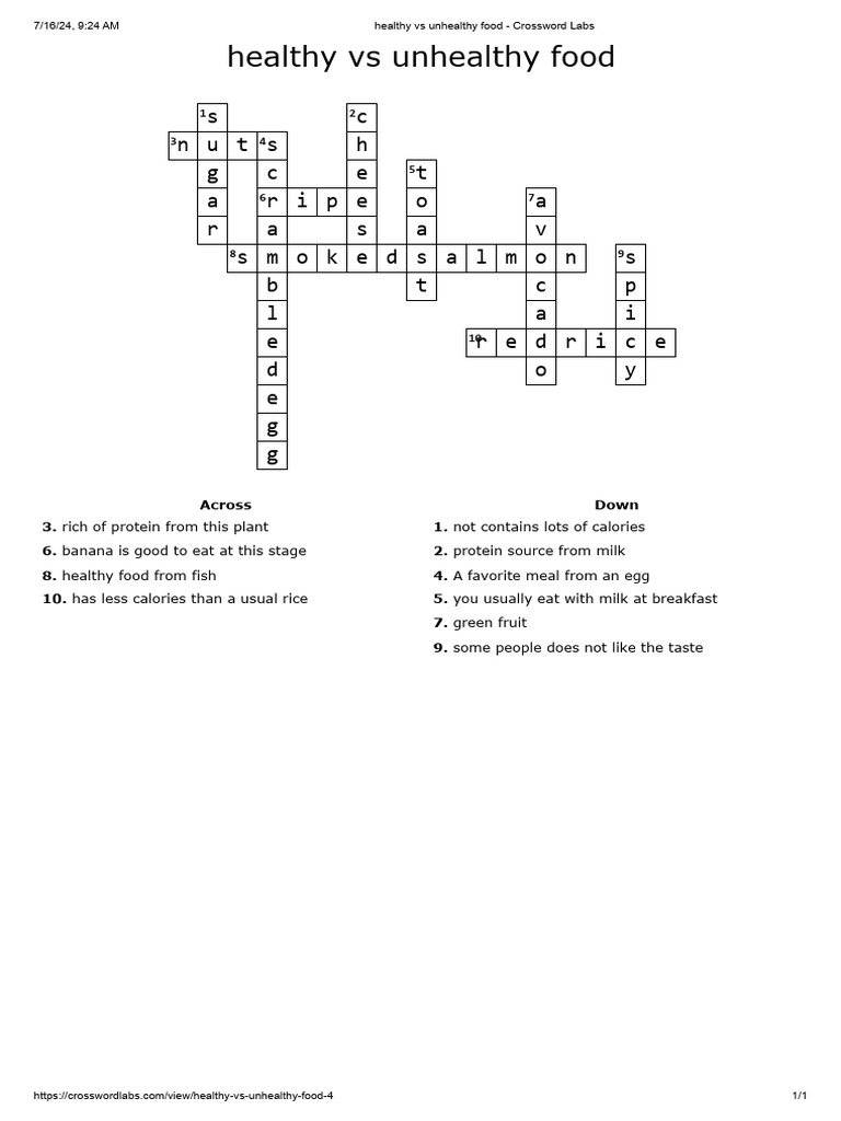 Healthy Vs Unhealthy Food - Crossword Labs-Answer Key | PDF