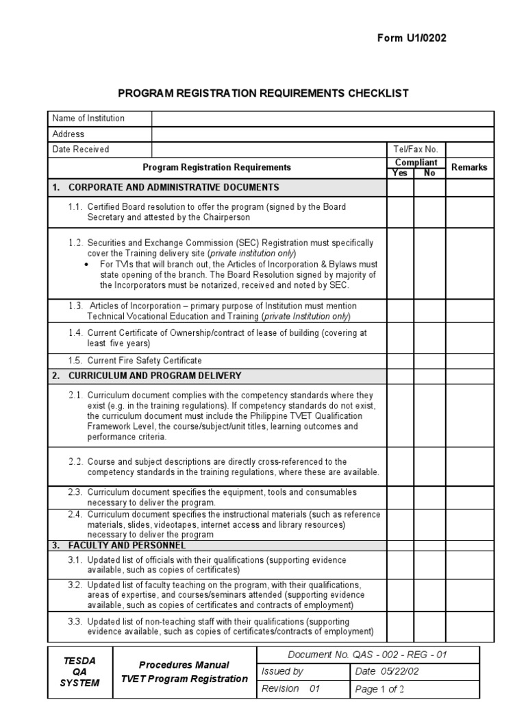 Program Registration Requirements Checklist | PDF | Vocational ...