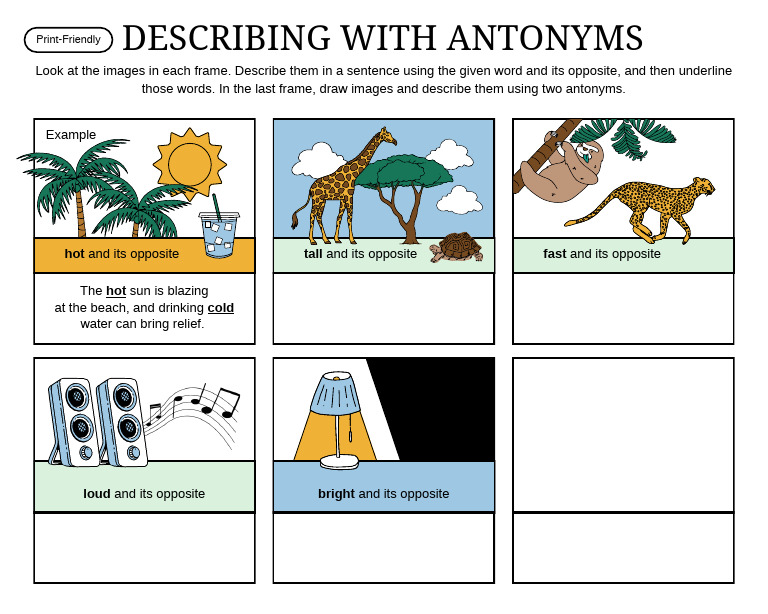 Antonyms (Worksheet) Storyboard in Grey Blue Simple Lined Style ...