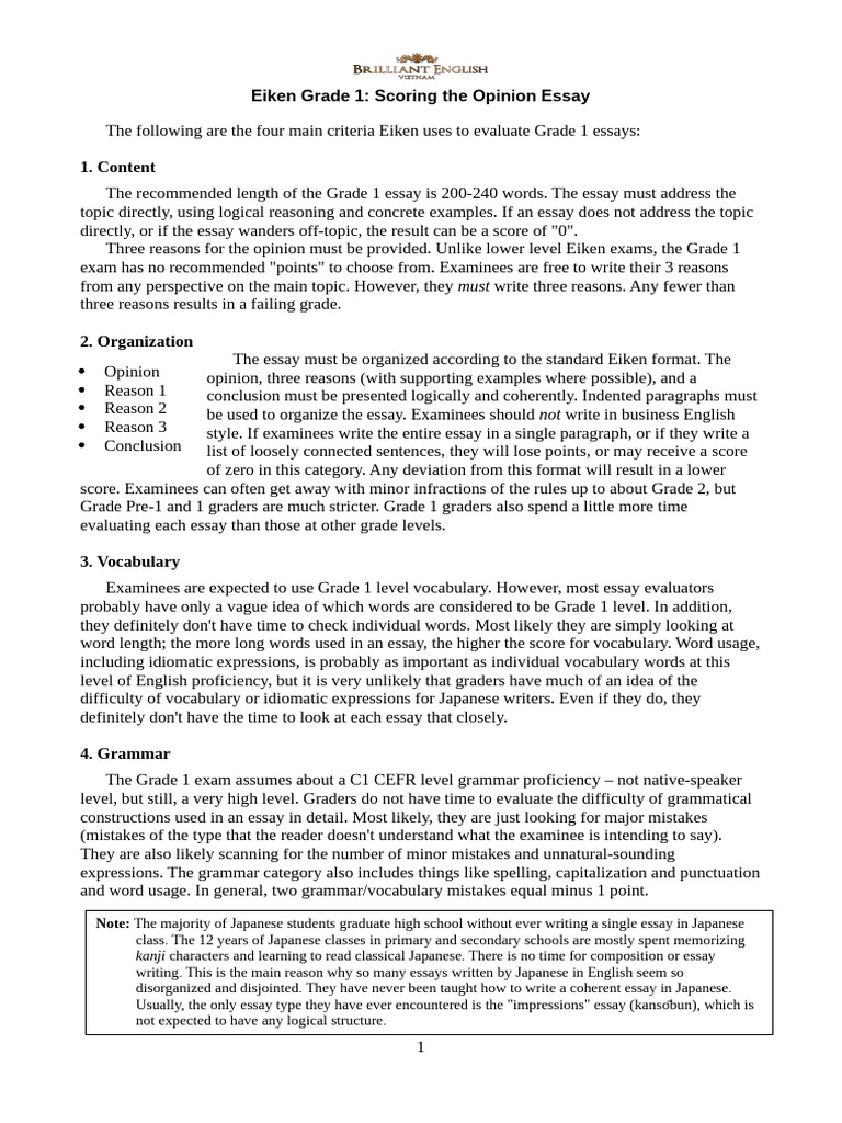 Eiken Grade 1 Essay Scoring Guide | PDF | Japanese Language | Paragraph